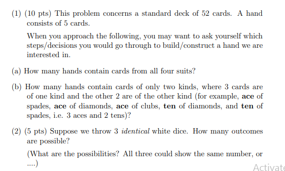 Solved (1) (10 pts) This problem concerns a standard deck of | Chegg.com