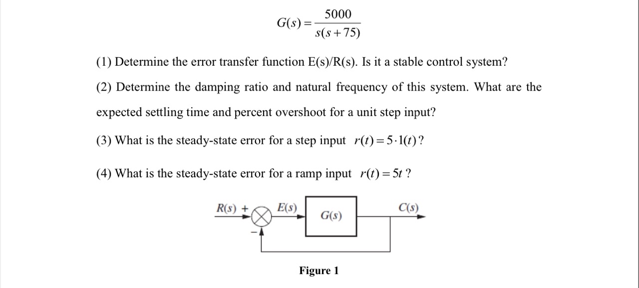 Solved G(s)=s(s+75)5000 (1) Determine the error transfer | Chegg.com