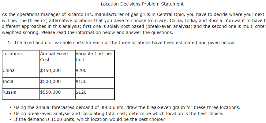 Solved Location Decisions Problem Statement As the | Chegg.com