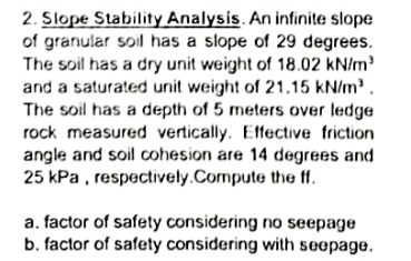 Solved 2. Slope Stability Analysis. An infinite slope of | Chegg.com
