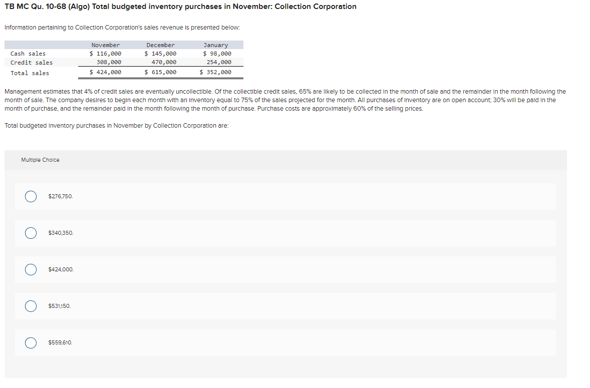 Solved TB MC Qu. 10-68 (Algo) Total budgeted inventory | Chegg.com