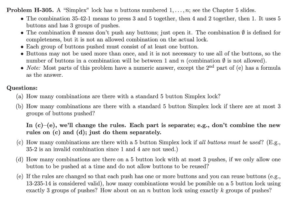 Problem H-305. A "Simplex" lock has n buttons | Chegg.com