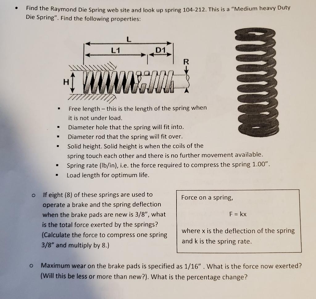Solved Find the Raymond Die Spring web site and look up | Chegg.com