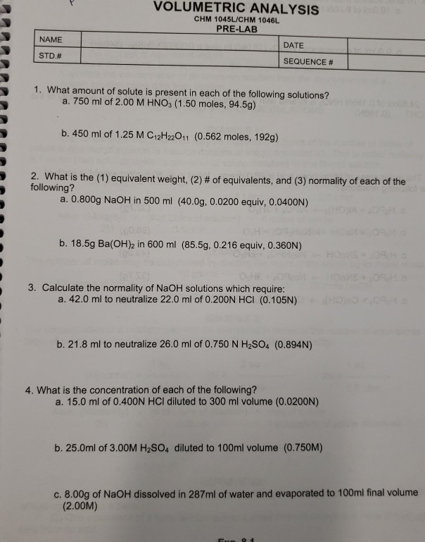 Solved VOLUMETRIC ANALYSIS CHM 1045L/CHM 1046L PRE-LAB NAME | Chegg.com