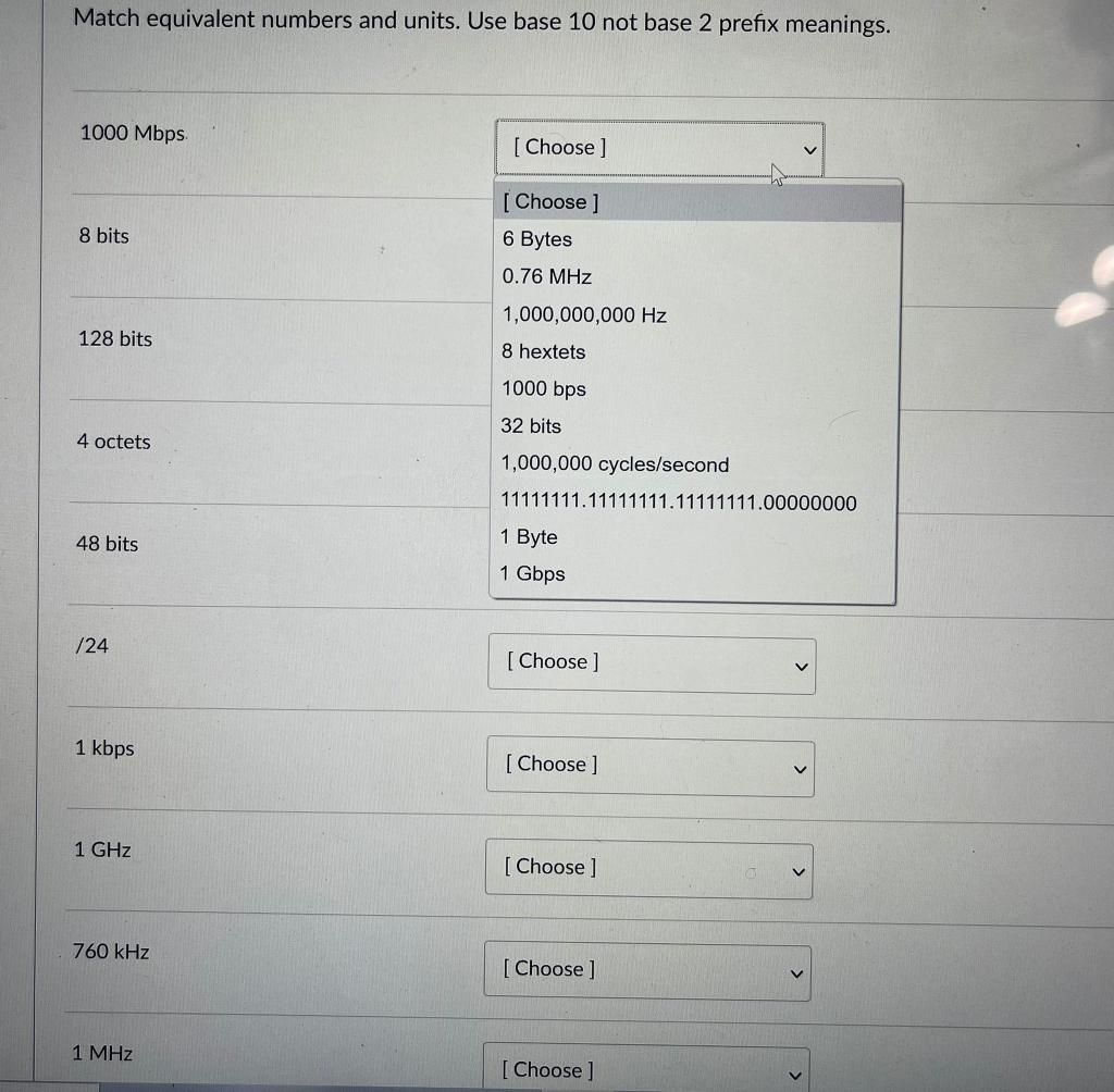 Solved Match equivalent numbers and units. Use base 10 not | Chegg.com