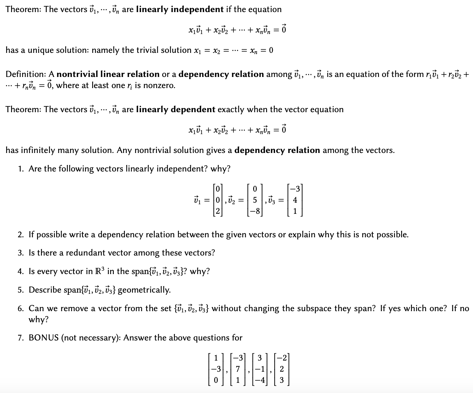 Solved Theorem: The vectors vec(v)1,cdots,vec(v)n ﻿are | Chegg.com
