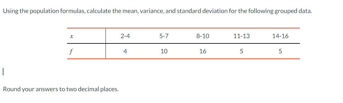 [Solved]: Using the population formulas, calculate the mea