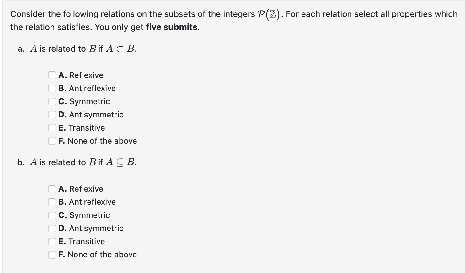 Solved Consider the following relations on the subsets of | Chegg.com