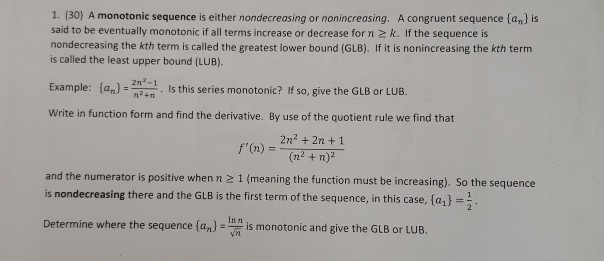 Solved 1. (30) A monotonic sequence is either nondecreasing | Chegg.com