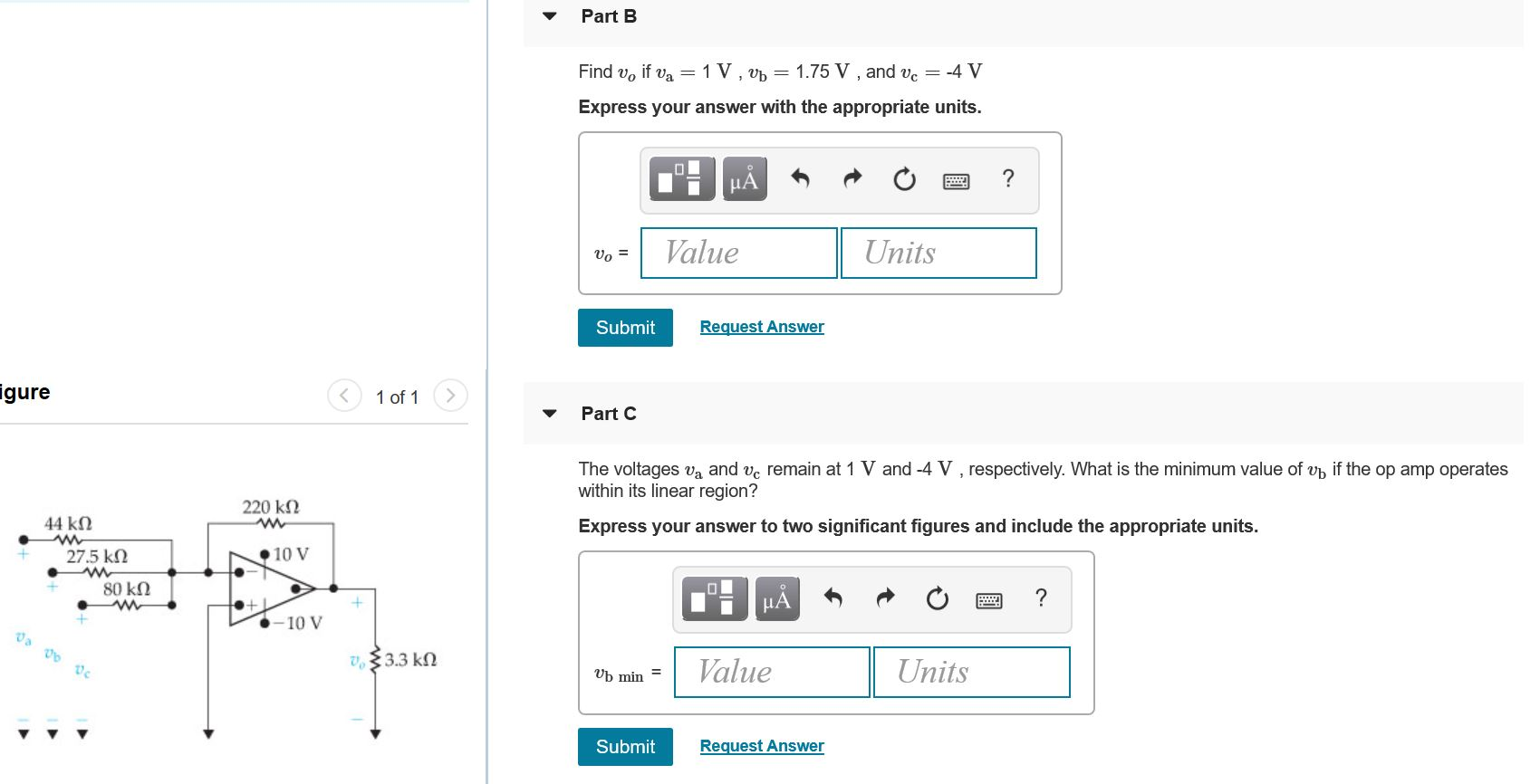Solved Part B Find v, if va = 1 V , vb = 1.75 V, and vc = | Chegg.com