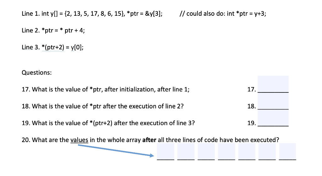Solved Line 1. int y[] = {2, 13, 5, 17, 8, 6, 15}, *ptr = | Chegg.com