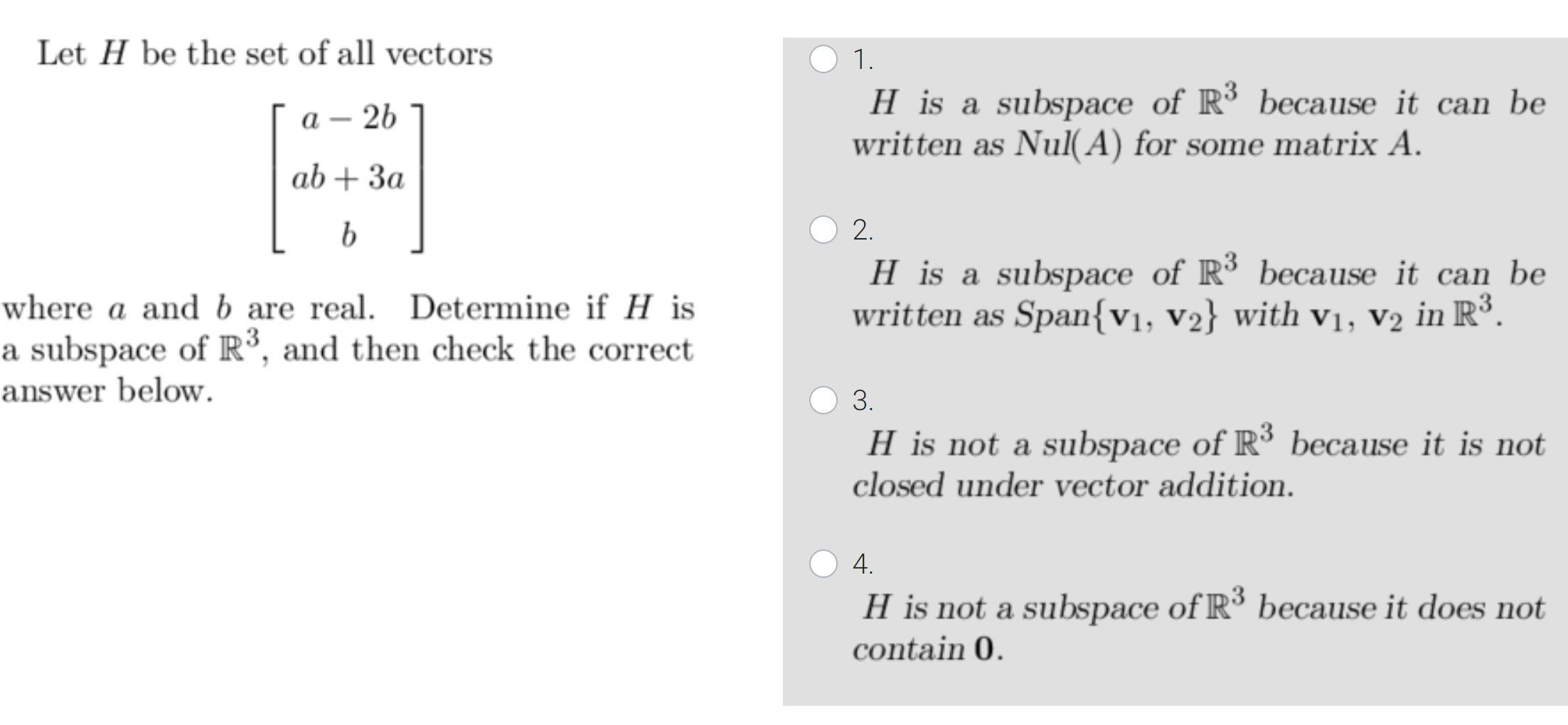 Solved Let H be the set of all vectors a - 2b ab + 3a b | Chegg.com
