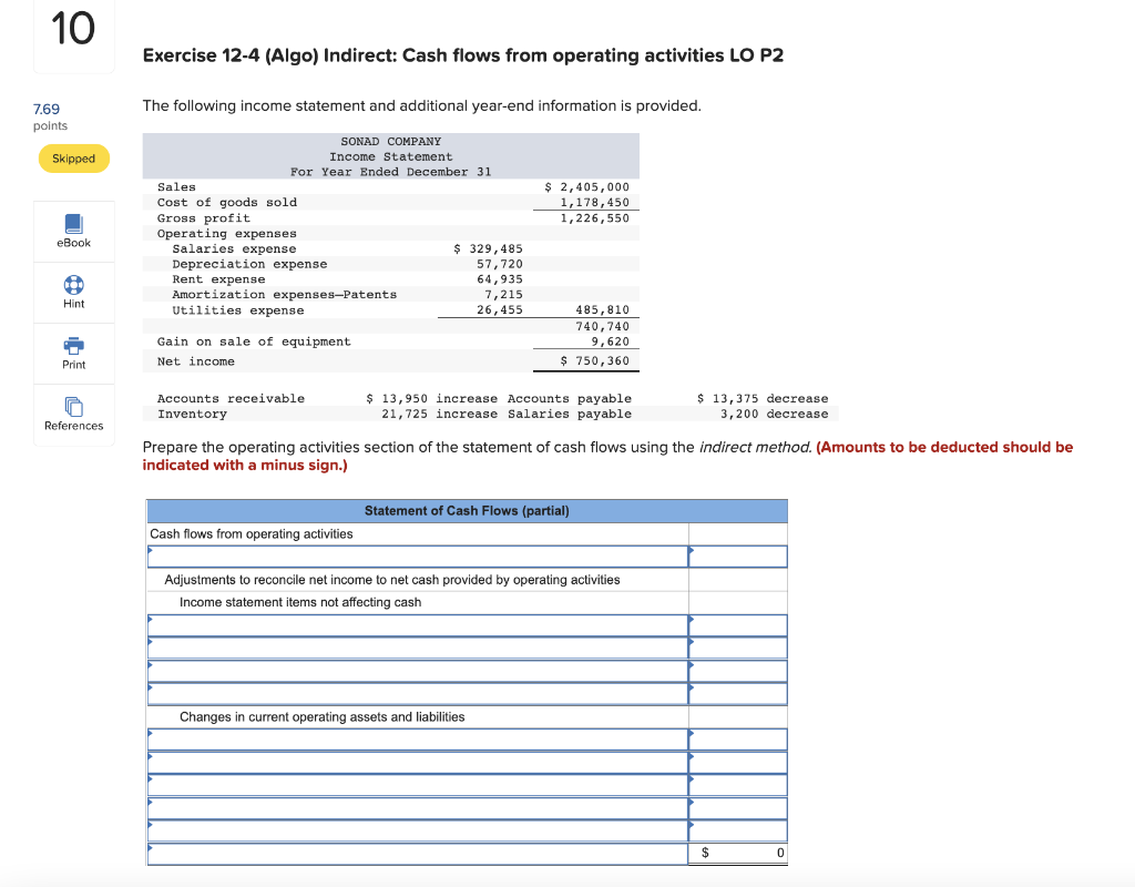 Solved Exercise 12−4 (Algo) Indirect: Cash flows from | Chegg.com