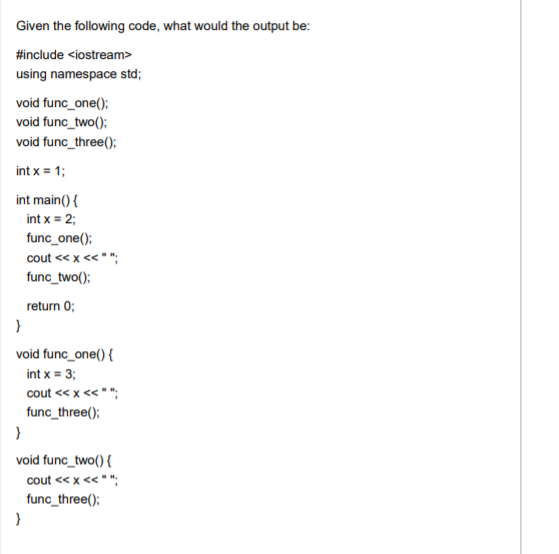 Solved Given the following code, what would the output be: | Chegg.com