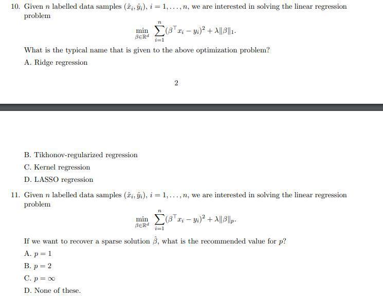 10. Given n labelled data samples (x^i,y^i),i=1,…,n, | Chegg.com
