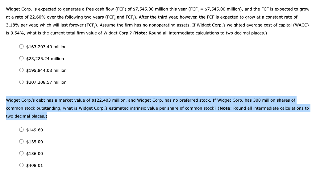 Solved Widget Corp. is expected to generate a free cash flow | Chegg.com