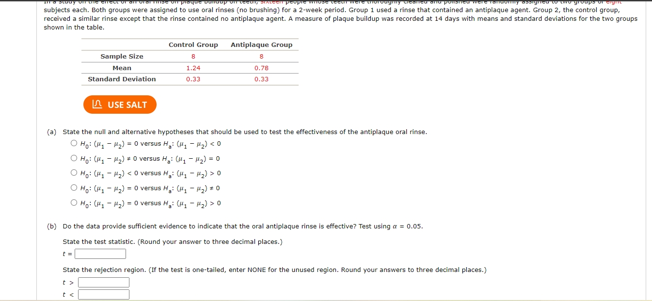 Solved shown in the table. (a) State the null and | Chegg.com