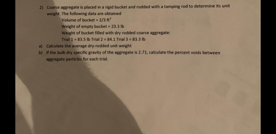 Solved 2) Coarse aggregate is placed in a rigid bucket and | Chegg.com