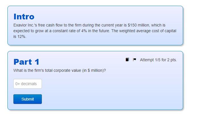 Solved Intro Exavior Inc.'s free cash flow to the firm | Chegg.com
