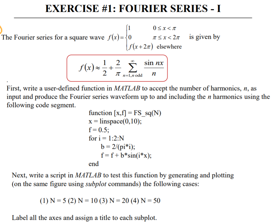 Solved EXERCISE #1: FOURIER SERIES - I 1 0 | Chegg.com