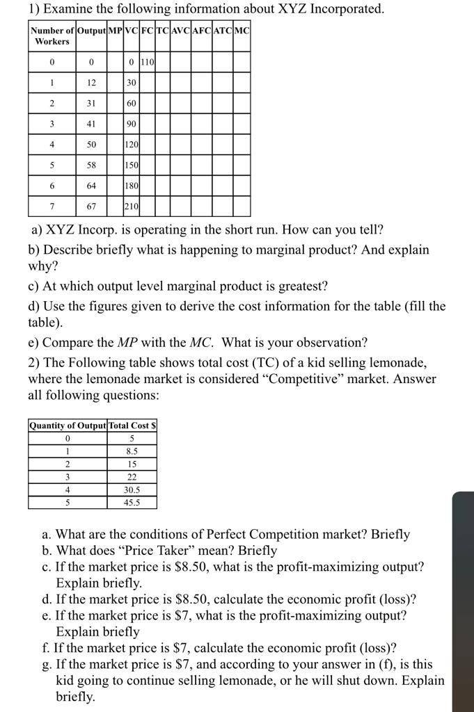 Solved 1) Examine the following information about XYZ | Chegg.com