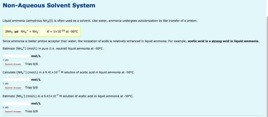 Solved Non-Aqueous Solvent System Liquid ammonia (anhydrous | Chegg.com
