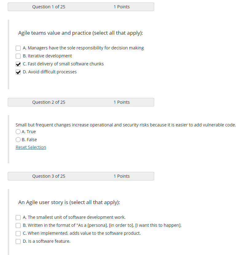 Solved Question 1 of 25 1 Points Agile teams value and | Chegg.com