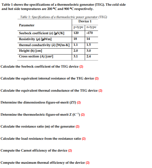 Solved Table 1 shows the specifications of a thermoelectric | Chegg.com