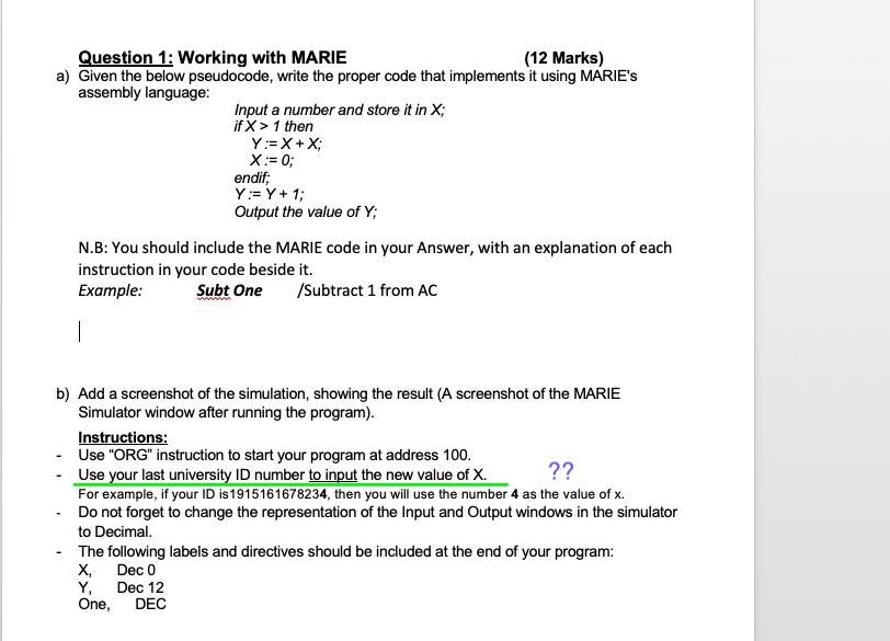 Question 1: Working with MARIE (12 Marks) a) Given | Chegg.com