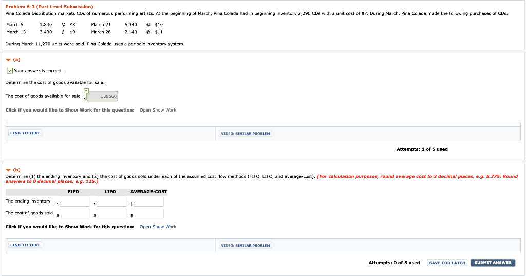Solved Problem 6-3 (Part Level Submission) Pina Colada | Chegg.com