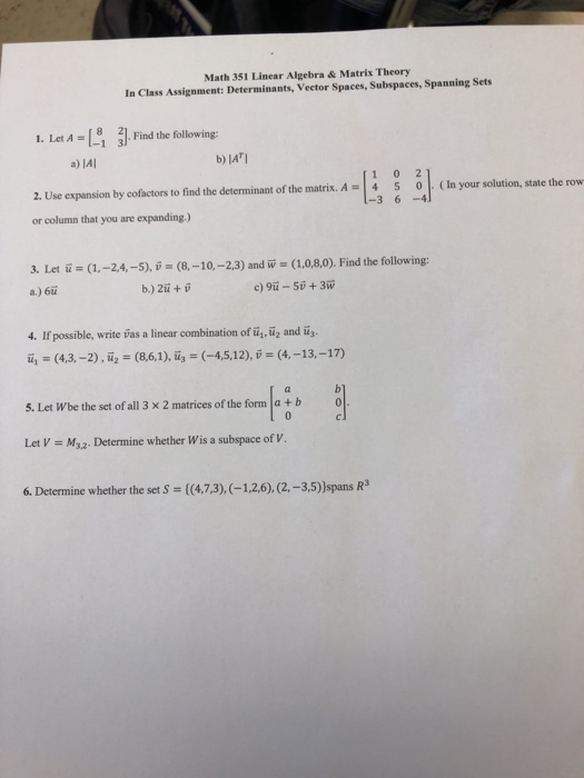 Solved Math 351 Linear Algebra & Matrix Theory In Class | Chegg.com