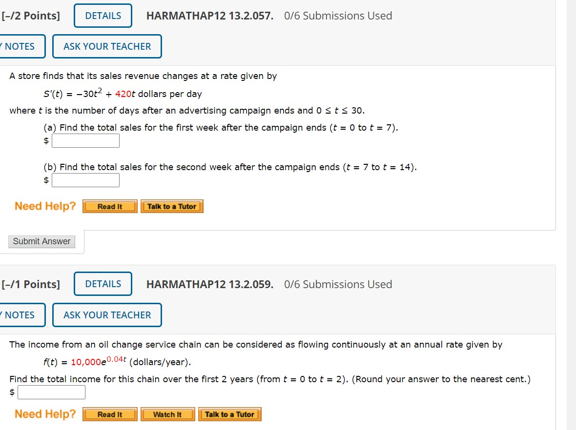 Solved (-/2 Points] DETAILS HARMATHAP12 13.2.057. 0/6 | Chegg.com
