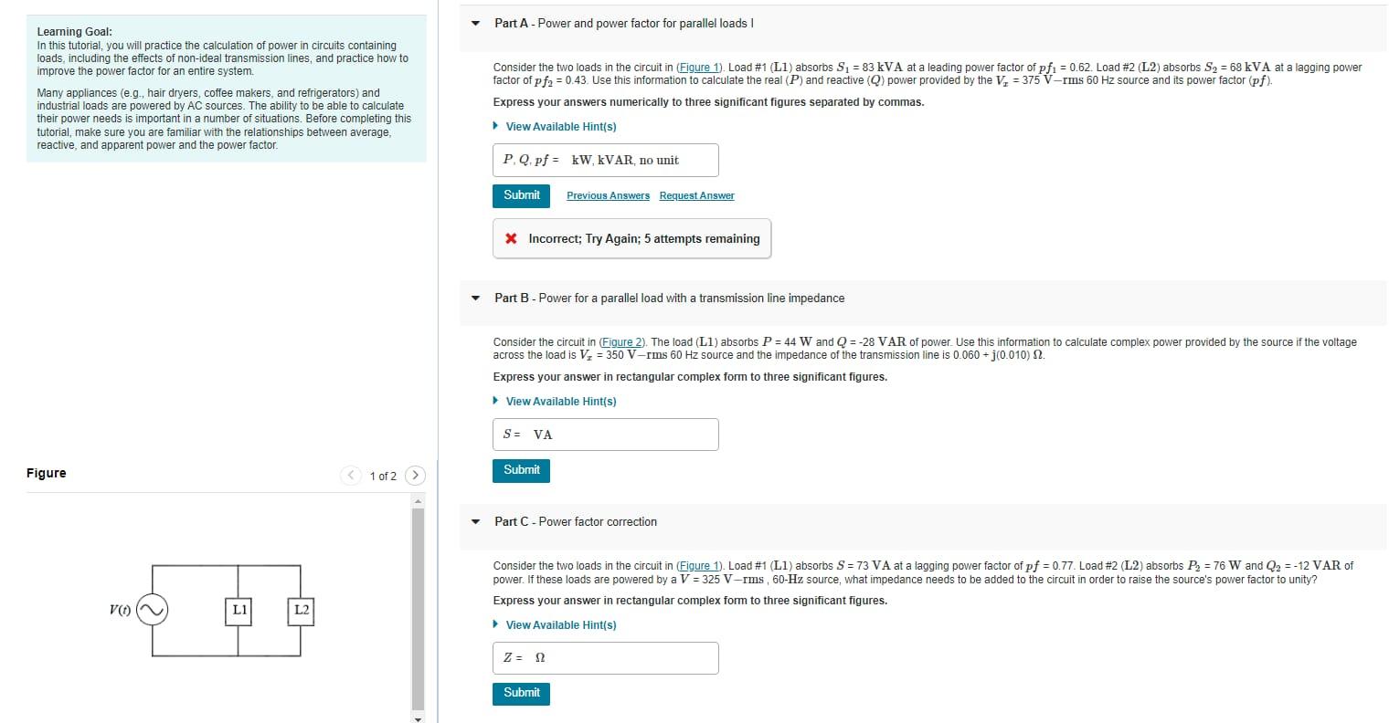 Solved Part A - Power and power factor for parallel loads | Chegg.com
