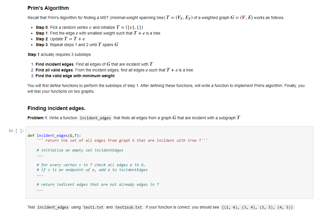 Solved Prim S Algorithm Recall Prim S Algorithm Finding Mst Minimal Wieght Spanning Tree T