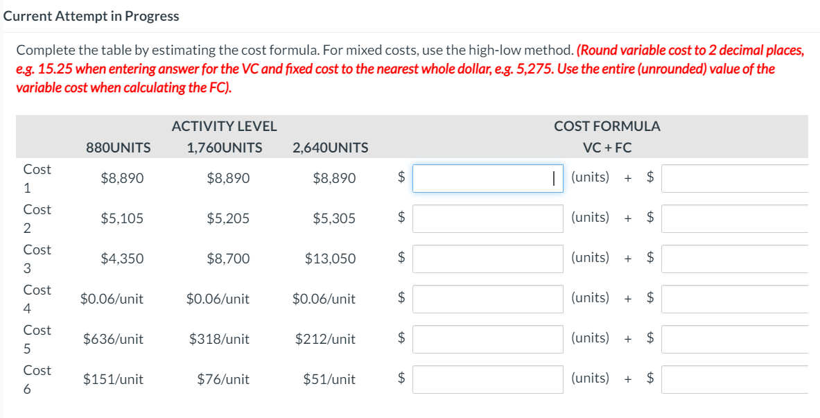 Solved Current Attempt in Progress Complete the table by | Chegg.com