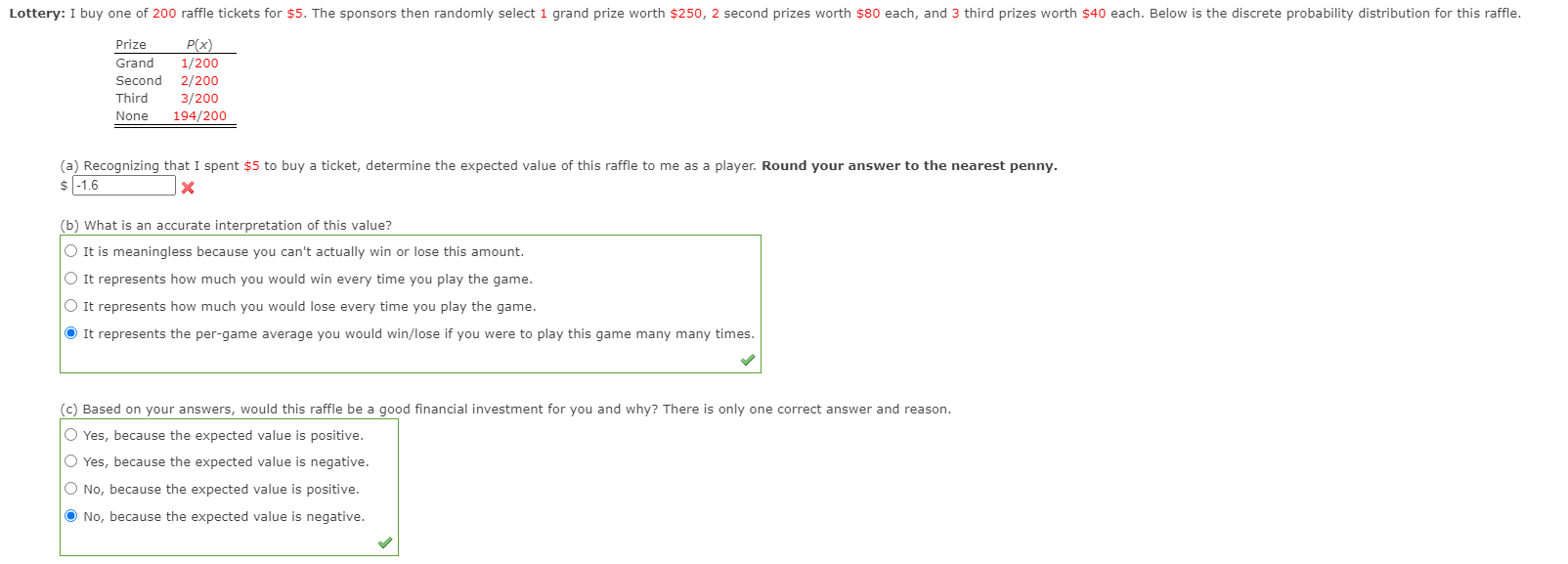 Solved Lottery: I buy one of 200 raffle tickets for $5. The | Chegg.com