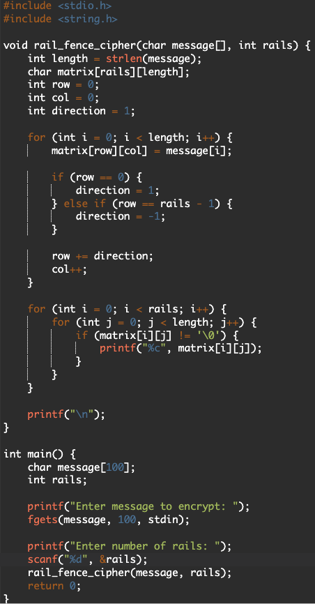 Solved C programming question Hello i have this rail fence | Chegg.com Solved C programming question Hello i have this rail fence | Chegg.com