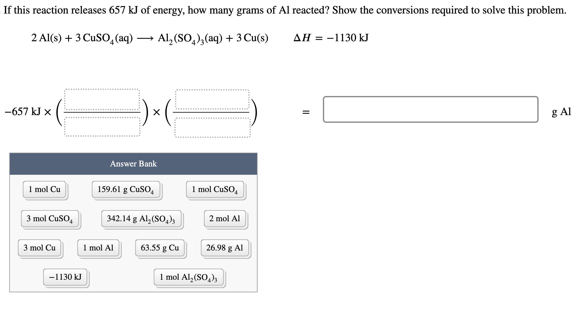 Solved 2Al(s)+3CuSO4(aq) Al2(SO4)3(aq)+3Cu(s)ΔH=−1130 kJ | Chegg.com