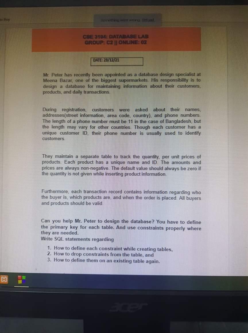 Solved ar Roy CSE 3104: DATABASE LAB GROUP: C2 || ONLINE: 02 | Chegg.com