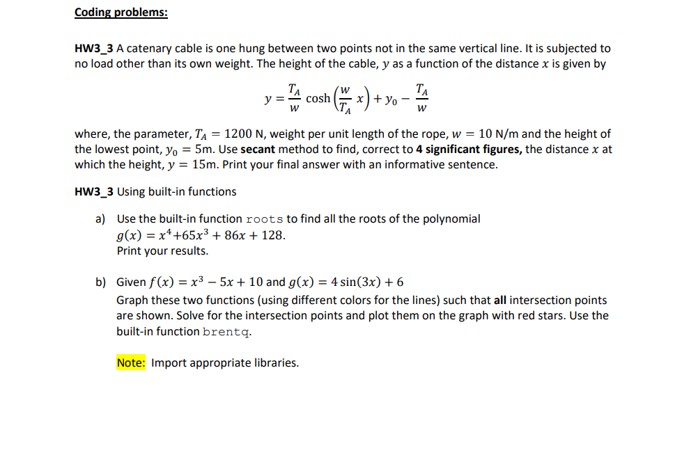 Solved HW3_3 A catenary cable is one hung between two points | Chegg.com