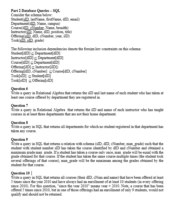 Part 2 Database Queries - SQL Consider the schema | Chegg.com