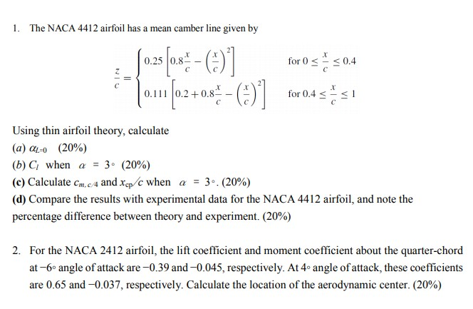 Solved 1. The NACA 4412 airfoil has a mean camber line given | Chegg.com