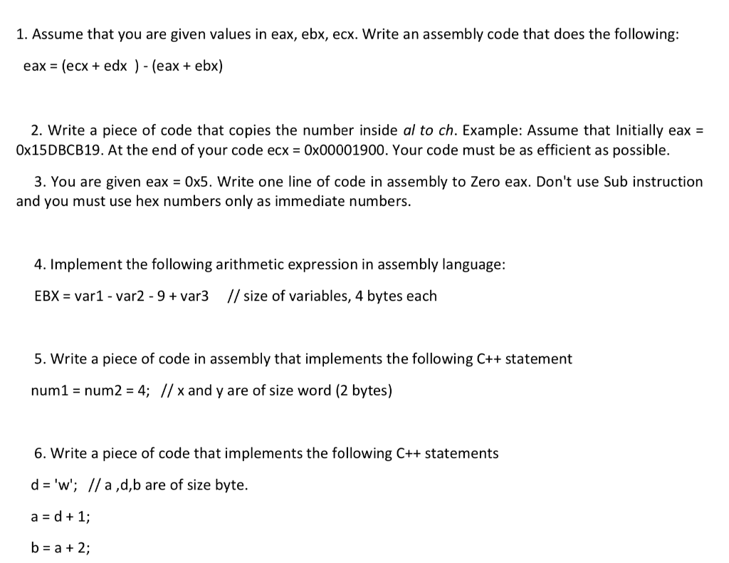 1. Assume that you are given values in eax, ebx, ecx. | Chegg.com