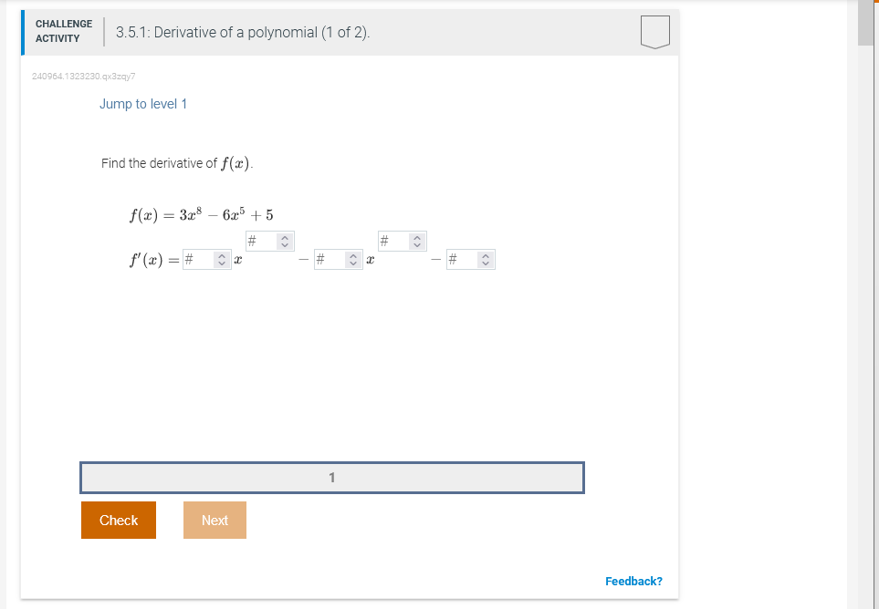 Solved CHALLENGE ACTIVITY 3.5.1: Derivative of a polynomial | Chegg.com