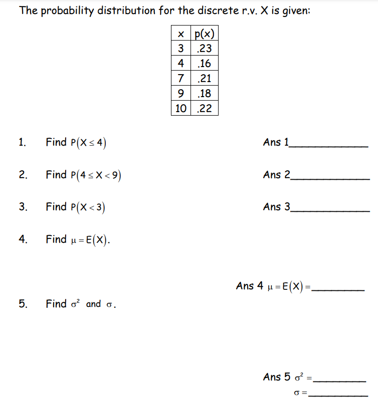 Solved The probability distribution for the discrete r.v. X | Chegg.com