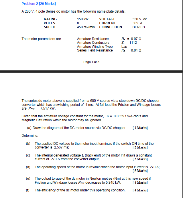 Solved Problem 2 [20 Marks] A 230 V,4 pole Series dc motor | Chegg.com