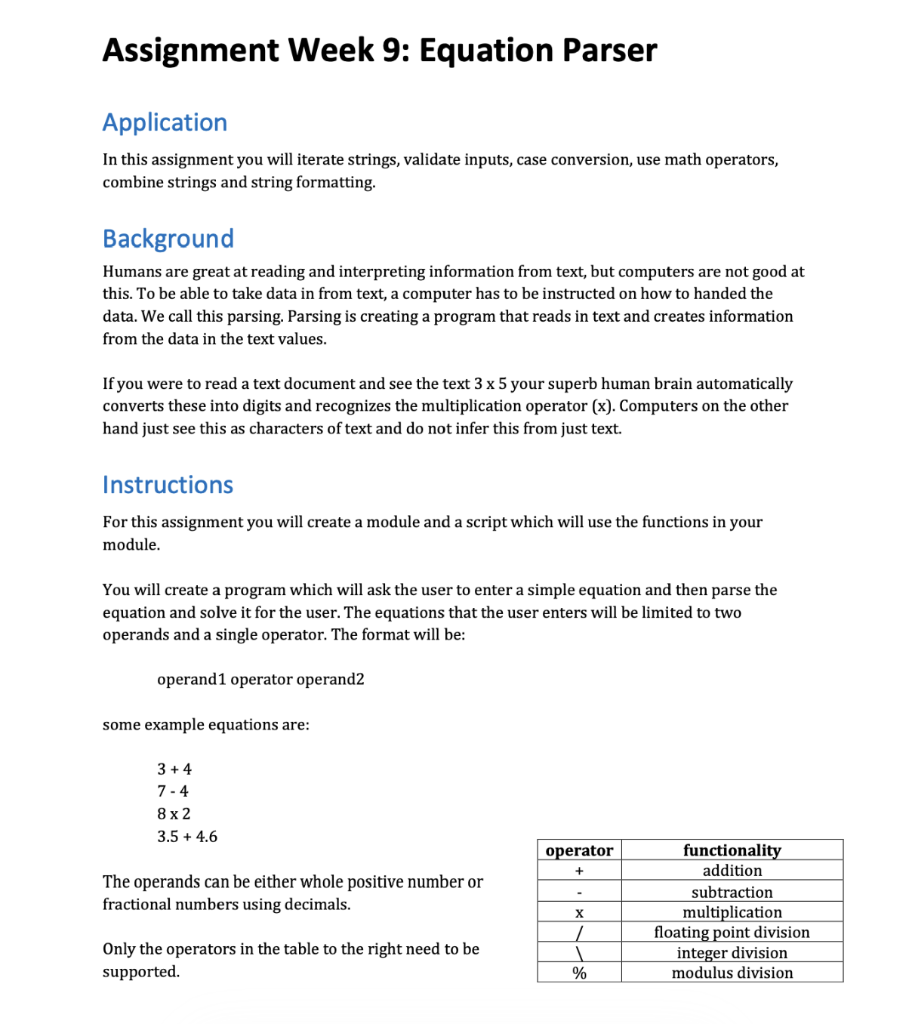 Solved Assignment Week 9: Equation Parser Application In | Chegg.com