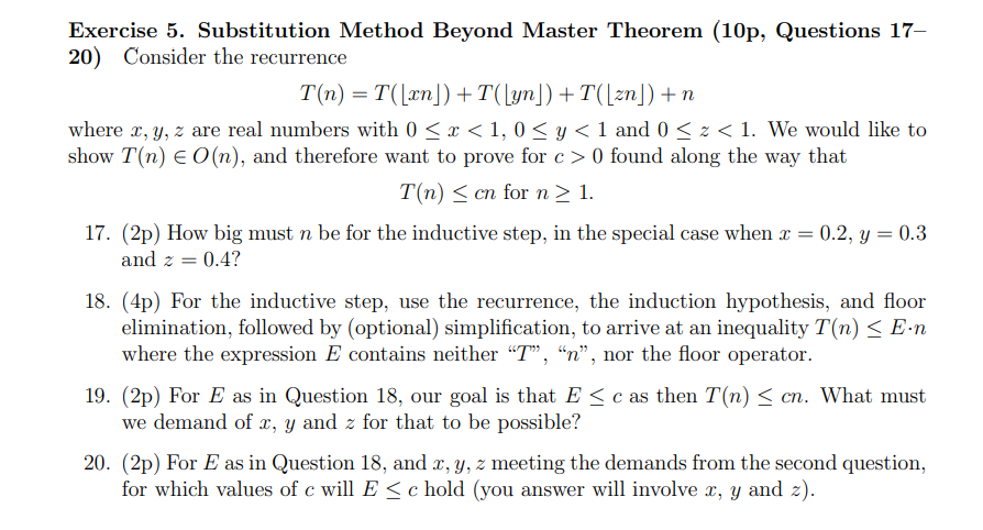Exercise 5. Substitution Method Beyond Master Theorem | Chegg.com
