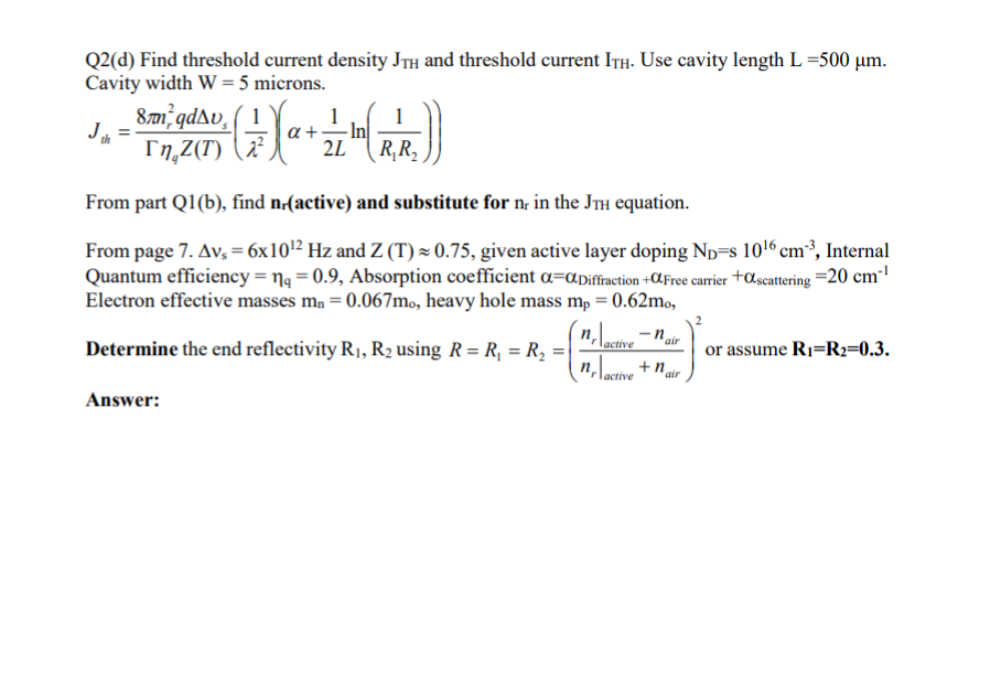 Q2(d) Find threshold current density ITH and | Chegg.com