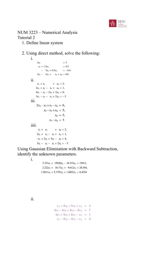 SEGI ni College NUM 3223 - Numerical Analysis | Chegg.com